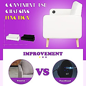 TYBOATLE 57“ W Mid-Century Striped PU Leather Loveseat Sofa w/ 2 USB Charging Ports, Modern Love Seats Couch w/Pillow for Small Space, Living Room, Office, Apartment, Dorm (White)