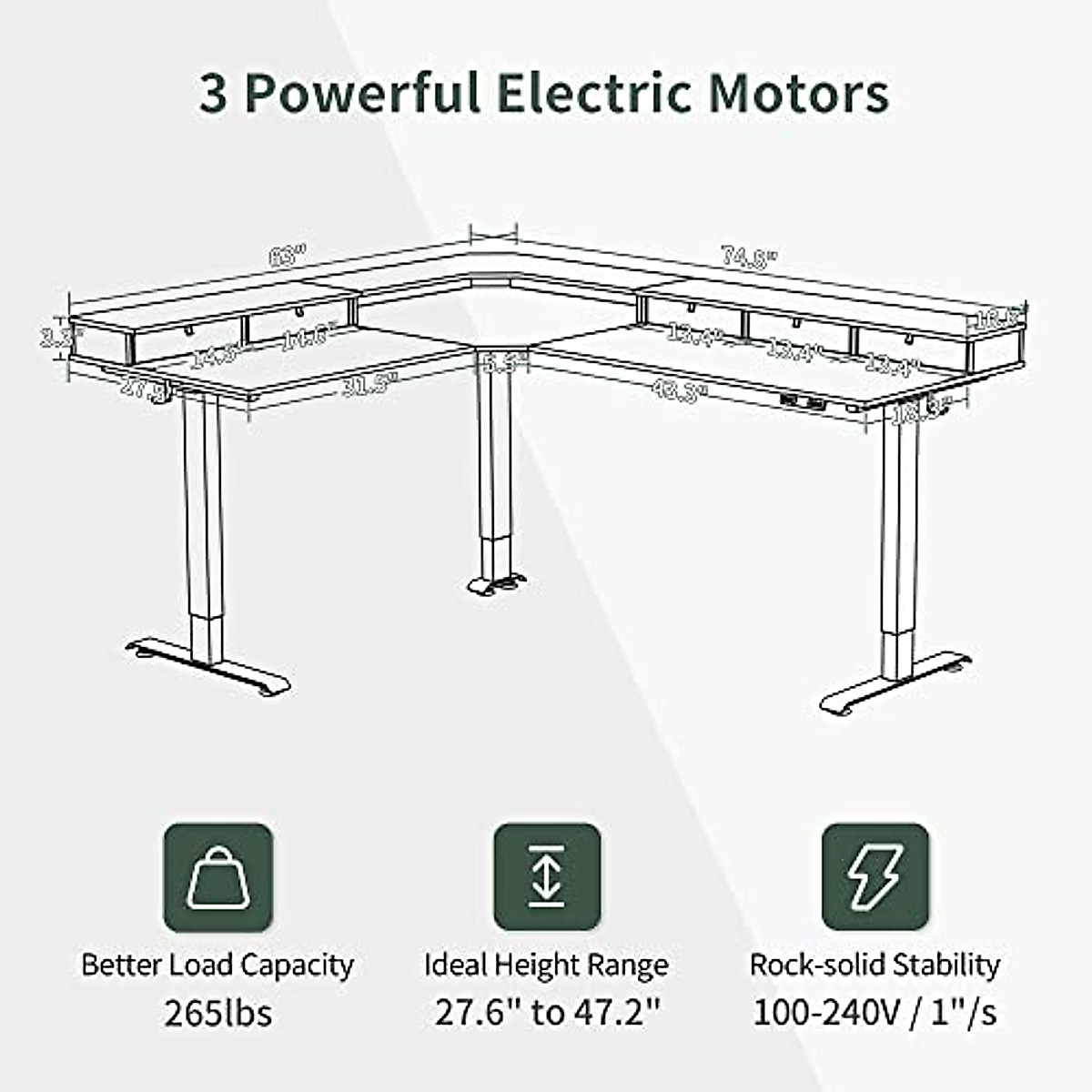 FEZIBO Triple Motor 75" L Shaped Standing Desk with 5 Drawers, Reversible Electric Standing Gaming Desk Adjustable Height, Corner Stand up Desk with Splice Board, Black Frame/Black Top
