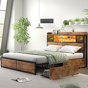 Gyfimoie Full Size Bed Frame with 4 Drawers & Headboard, Metal Frame with Power Outlet and LED Light, Easy Assembly, No Box Spring Needed, Ideal for 75" Mattress