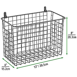 mDesign Portable Metal Farmhouse Wall Decor Storage Organizer Basket Bin with Handles for Hanging in Entryway, Mudroom, Bedroom, Bathroom, Laundry Room - Wall Mount Hooks Included, 2 Pack - Graphite