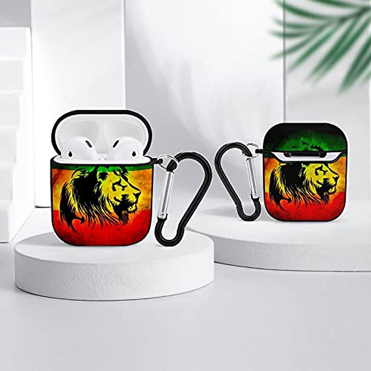 YouTary Jamaican Lion Flag Pattern Airpods 1 & 2 Case Cover, Apple AirPod Headphone Cover Unisex Personalized Shockproof Protective Wireless Charging Accessories with Keychain