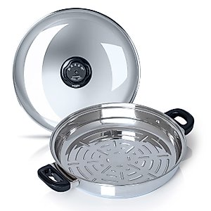 Maxam Stainless Steel 13 Inch Grill Pan, Durable Stainless Steel Construction with Heat Resistant Handle, Cover and Sear Ridges