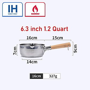 Yukihira Saucepan, Traditional Japanese Yukihira Pot Stainless Steel Saucepan Milk Sauce Pan Wooden Handle (6.3 inch 1.2 Quart)