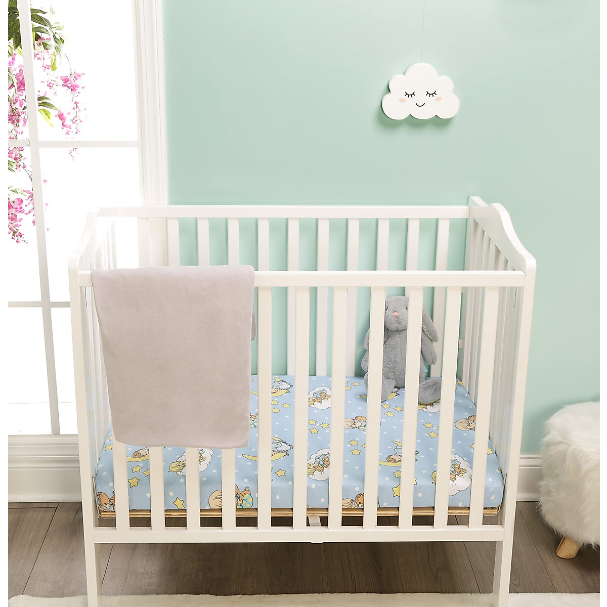 2 Pack n Play Mattress Sheets – 100% Jersey Knit Cotton Soft Portable Crib Mattress Sheet for Boys with Blue and Yellow Precious Moments Design; 2 Pk Playpen Mattress or Mini Crib Fitted Sheet Set