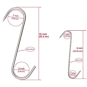 4pcs 10inch 8mm Thick Meat Hooks +4pcs 6inch 3mm S-Hook,Alele Stainless Steel Butcher Hook for Hanging Pork Belly or Beef