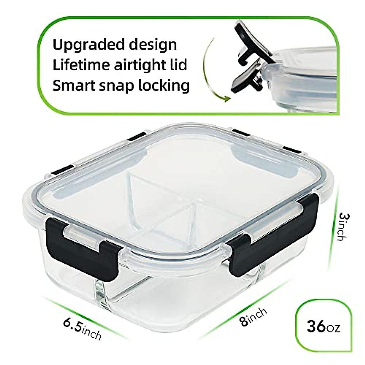 DAS TRUST 3 Pack Bento Box Glass Meal Prep Containers 3 Compartments Glass Food Storage Containers with Lids Meal Prep Bowls Lunch Box Glass Food Prep Containers Lunch Container Oven Safe