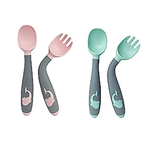 CocoMeiwei Toddler Utensils,Baby Silicone Spoon and Fork Set with Bendable Handle for Kids Self-feeding Learning,BPA Free Toddler Flatware 4 Pieces