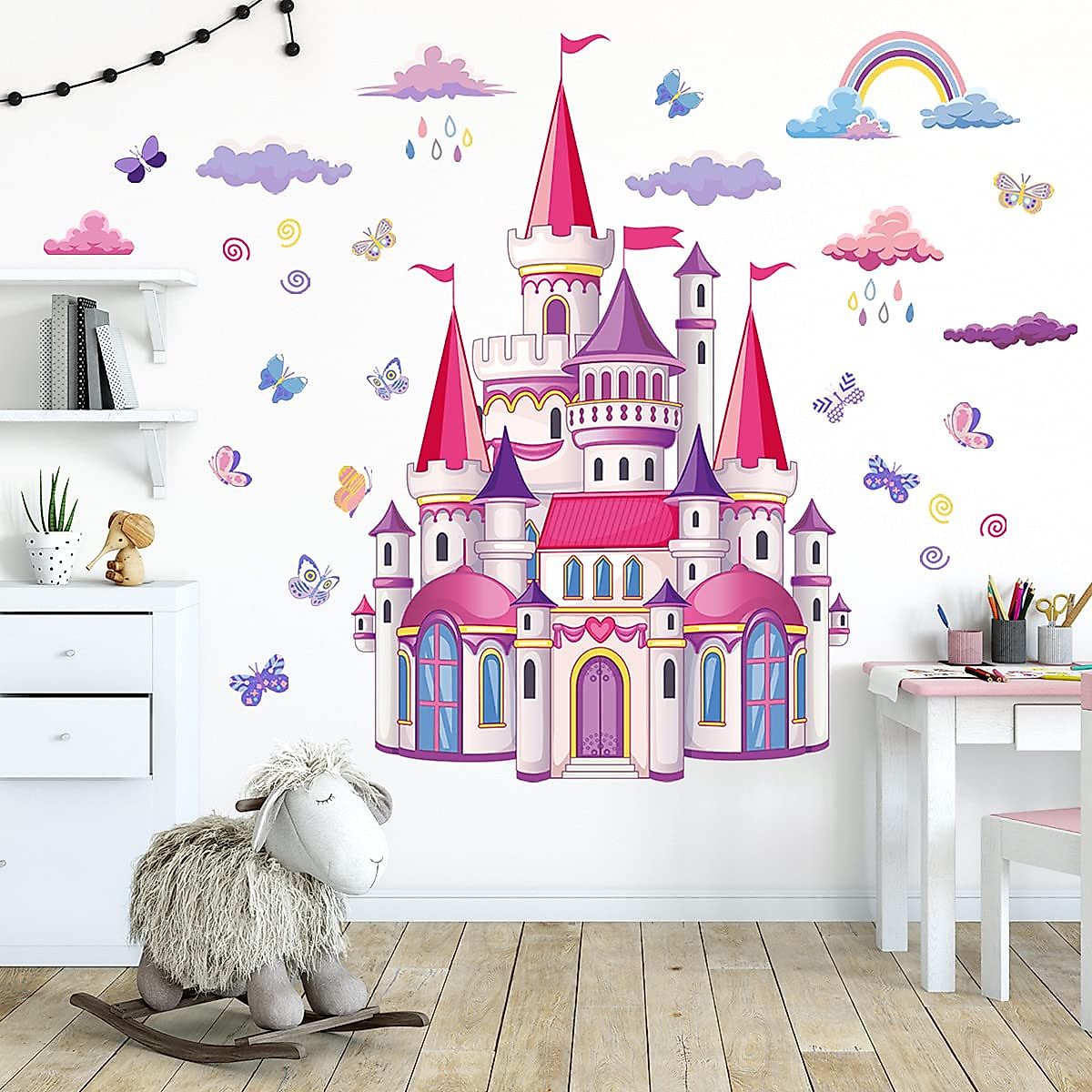 Pinenjoy Cartoon Castle Wall Decal Colorful Rainbow Clouds Butterfly Wall Stickers 39x30inch Fantasy Removable Self-Adhesive Vinyl Wall Clings for DIY Girls Bedroom Nursery Classroom Living Room