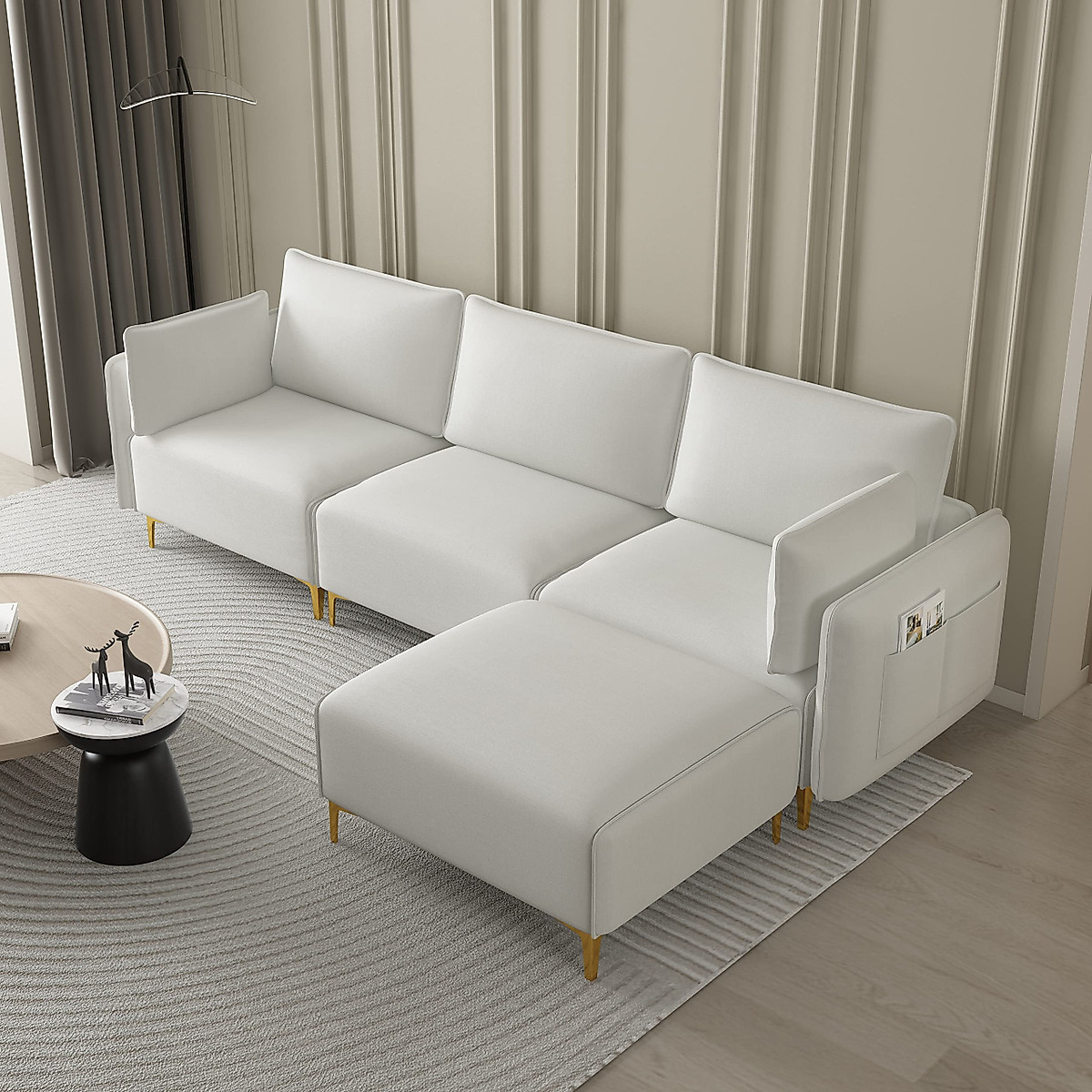 WILLIAMSPACE Convertible Sectional Sofa for Living Room, Modern Luxury L Shape Couch with USB & Magazine Bag, 4 Seat Fabric Sofa with Metal Legs (Beige)