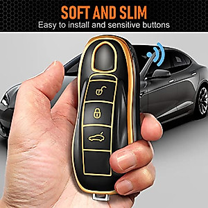 Toykee for Porsche Key Fob Cover Keychain Accessories for 911 Cayenne Panamera Macan 718 Boxster Cayman 3 Buttons, TPU Case(Black)