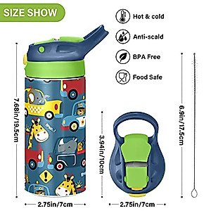 Kigai Funny Cartoon Car Kids Insulated Water Bottle with Straw - Stainless Steel Travel Tumbler Double Wall Vacuum Leak Proof Kids Cup Hot for School Boys Girls