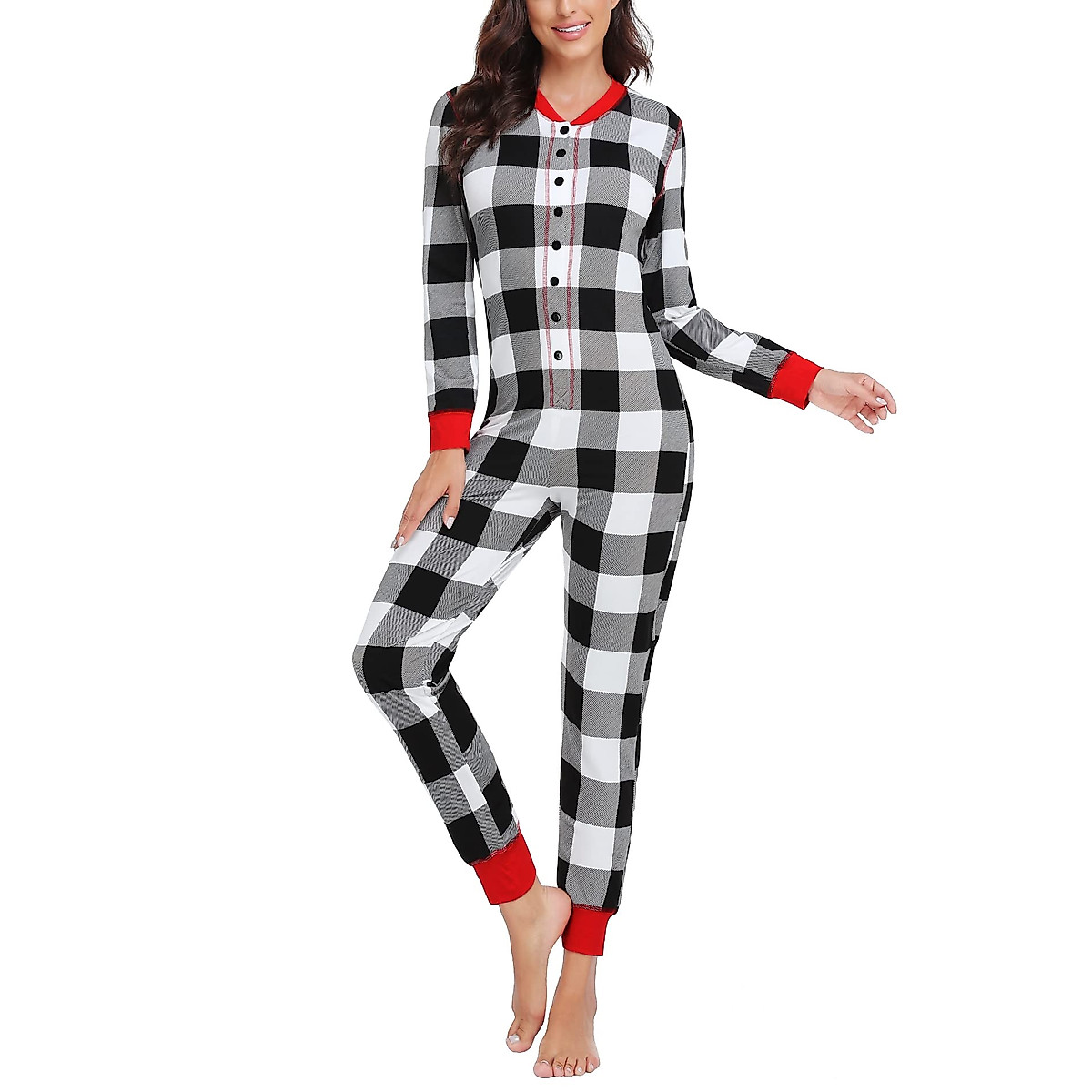 SWOMOG Womens Christmas Onesie Pajamas Jumpsuits Adult One Piece Sleepwear Long Sleeve Bodysuit Buttons Union Suit