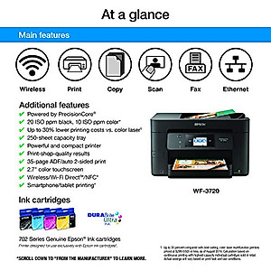 Epson WorkForce Pro WF-3720 Wireless All-in-One Color Inkjet Printer, Copier, Scanner with Wi-Fi Direct, Amazon Dash Replenishment Ready
