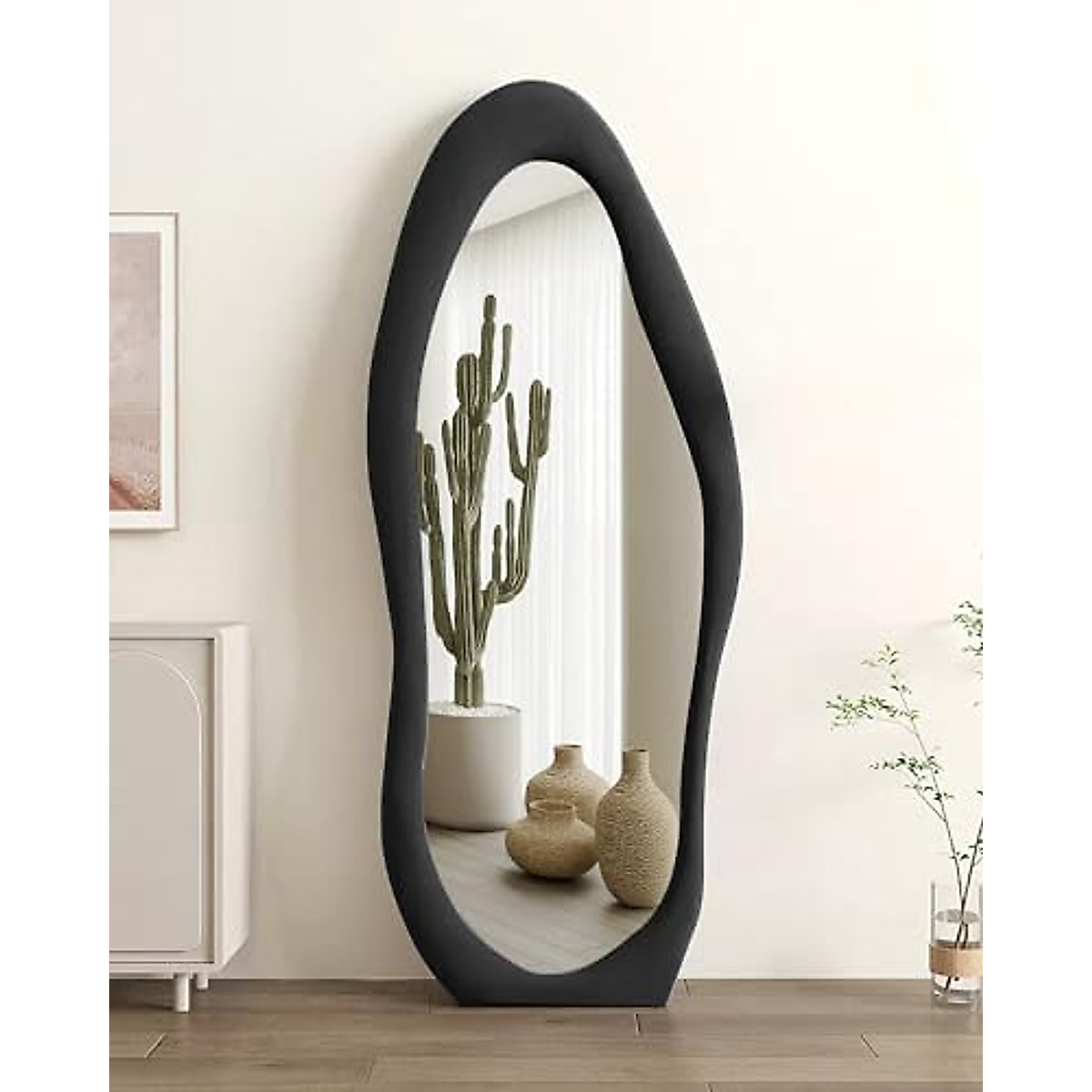 Otlsh Full Length Mirror, 63" x 24" Wall Mirror, Floor Mirror with Flannel Frame, Standing Mirror, Irregular Mirror Hanging or Leaning The Wall, Cloud Shaped, Black