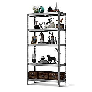 Tangkula Garage Storage Shelves, 5-Tier Metal Shelves for Storage, Shelving Unit with Foot Pads, Heavy Duty Storage Rack, 2866LBS Load Capacity, Bolt-Free Assembly, 39 x 16 x 77 Inches (1, Silver)
