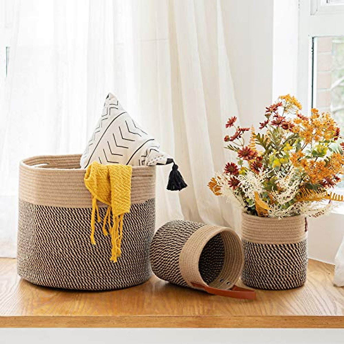 Goodpick Large Blanket Basket And Jute Hanging Basket Set