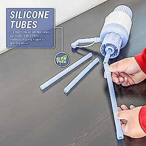 TERA PUMP Manual Water Pump for 5 Gallon Bottles, Fits Most 2-6 Gallon Bottles, Manual Hand Pressure Water Dispenser, 3 Tube Lengths, Sanitary Cap, Cleaning Brush, BPA-Free Food Grade Material