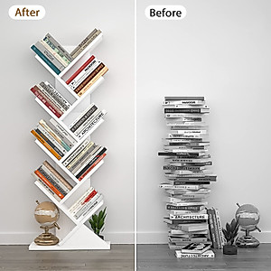 Topfurny Tree Bookshelf, 9-Tier Shelf Rustic Brown Bookcase, Retro Wood Storage Rack for CDs/Movies/Books, Anti-Fall Utility Organizer Shelves for Living Room, Bedroom, Home Office, White Oak