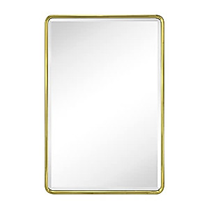 TEHOME Farmhouse Brushed Gold Metal Framed Recessed Bathroom Medicine Cabinet with Mirror Rounded Rectangle Tilting Beveled Vanity Mirros for Wall 16x24''