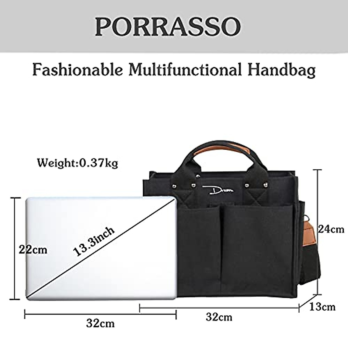 PORRASSO Women Shoulder Bag Casual Handbag Ladies Large Crossbody Bag Canvas Tote Bag for Travel Shopping Daily Use Black