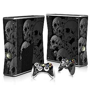 CENSTEEL Xbox 360 Slim Skins Wrap Sticker with Two Free Wireless Controller Decals, Black Skull Whole Body Protective Vinyl Skin Decal Cover for Microsoft Xbox 360 Slim Console