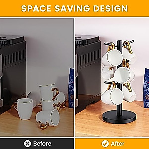 Coffee Mug Holder Tree, Upgraded 360° Rotated Coffee Cup Holder for Counter, Wood Coffee Mug Tree, Coffee Mug Rack with 6 Hooks, Coffee Mug Organizer Station, Mug Stand Coffee Bar Accessories, Black