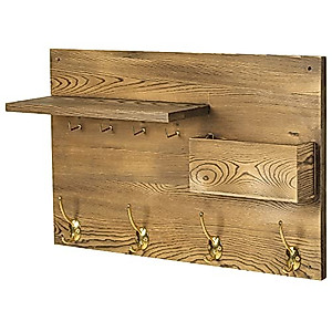 MyGift Wall Mounted Solid Burnt Wood Entryway Key and Mail Holder Organizer Storage Rack with Display Shelf and 8 Hooks