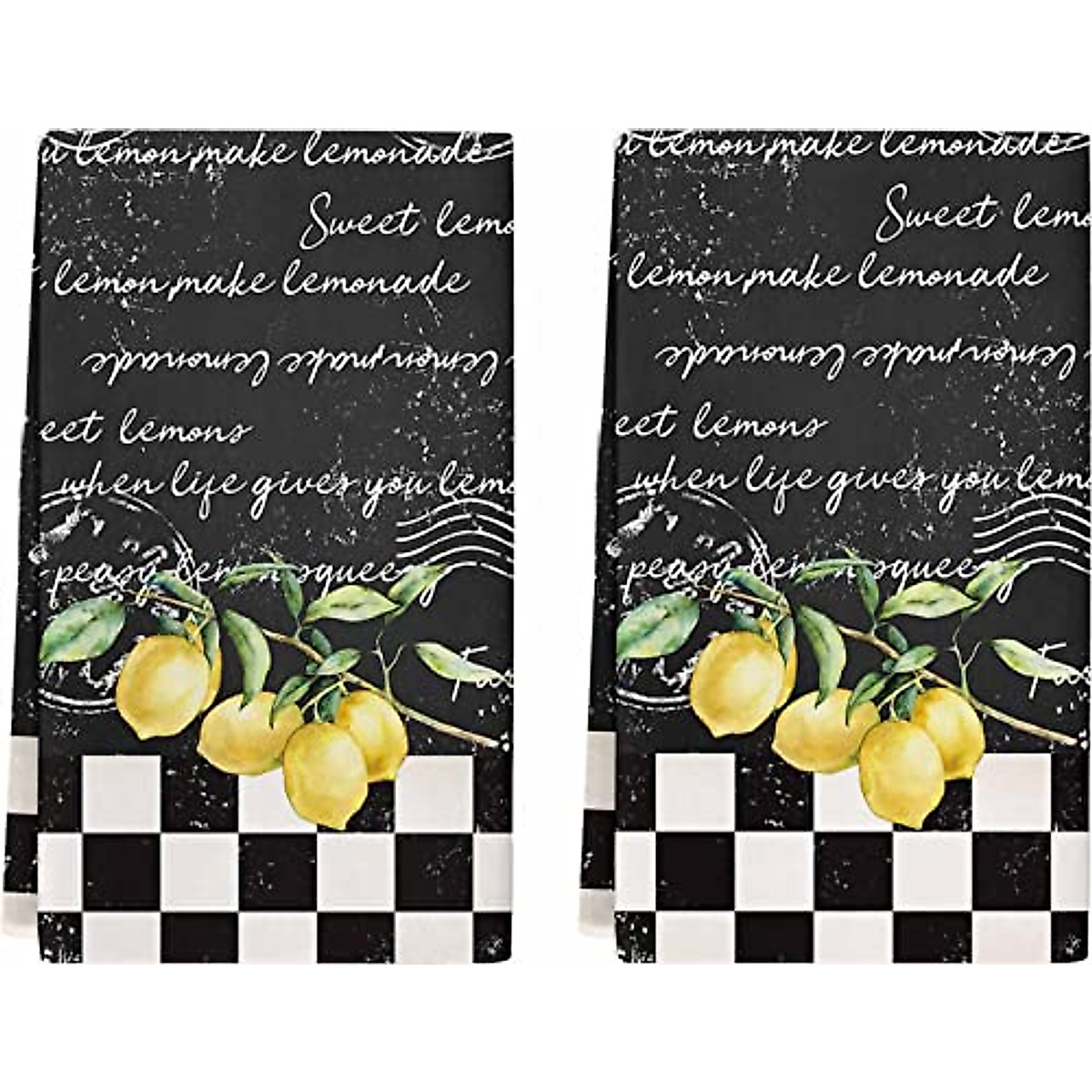 VDLBT Summer Kitchen Towels Yellow Lemon Dish Towels Dishcloth Fingertip Hand Towel Black White Plaid Soft Tea Towel Set of 2