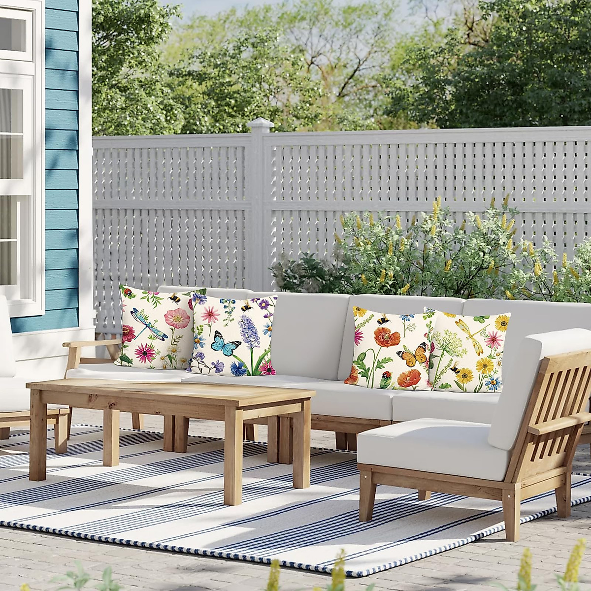 Bonhause Spring Floral Throw Pillow Covers 18x18 Set of 4 Wildflowers Plants Butterfly Patio Decorative Pillow Cushion Cases Outdoor Cushion Covers for Couch Sofa Bedroom Car Home Decor