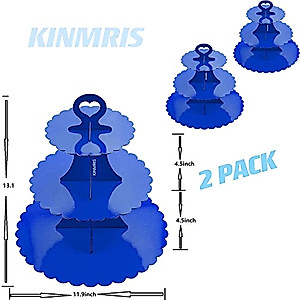 Cardboard Cupcake Stand 3- Tier Dessert Stand, Round Dessert Tree Display Tower 2 Pack, 3-Tier Cupcake Holder for Weddings, Blue Party Supplies, Birthday Party Wedding Anniversary