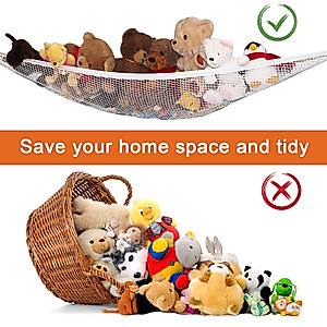 Storage Hammock Nets Toy Net Holder Stuffed Animal Hammocks Toy Mesh Hammock Jumbo Wall Sling Corner Mesh Toy Organizer with Hooks for Bedroom Plush Toys (White)