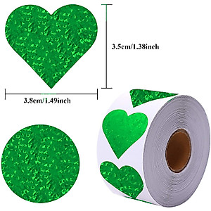 1.5" Glitter Green Heart Stickers, Large Heart Labels Valentines Decor 500 per Roll, St. Patricks Day Decorations for Kids Envelopes