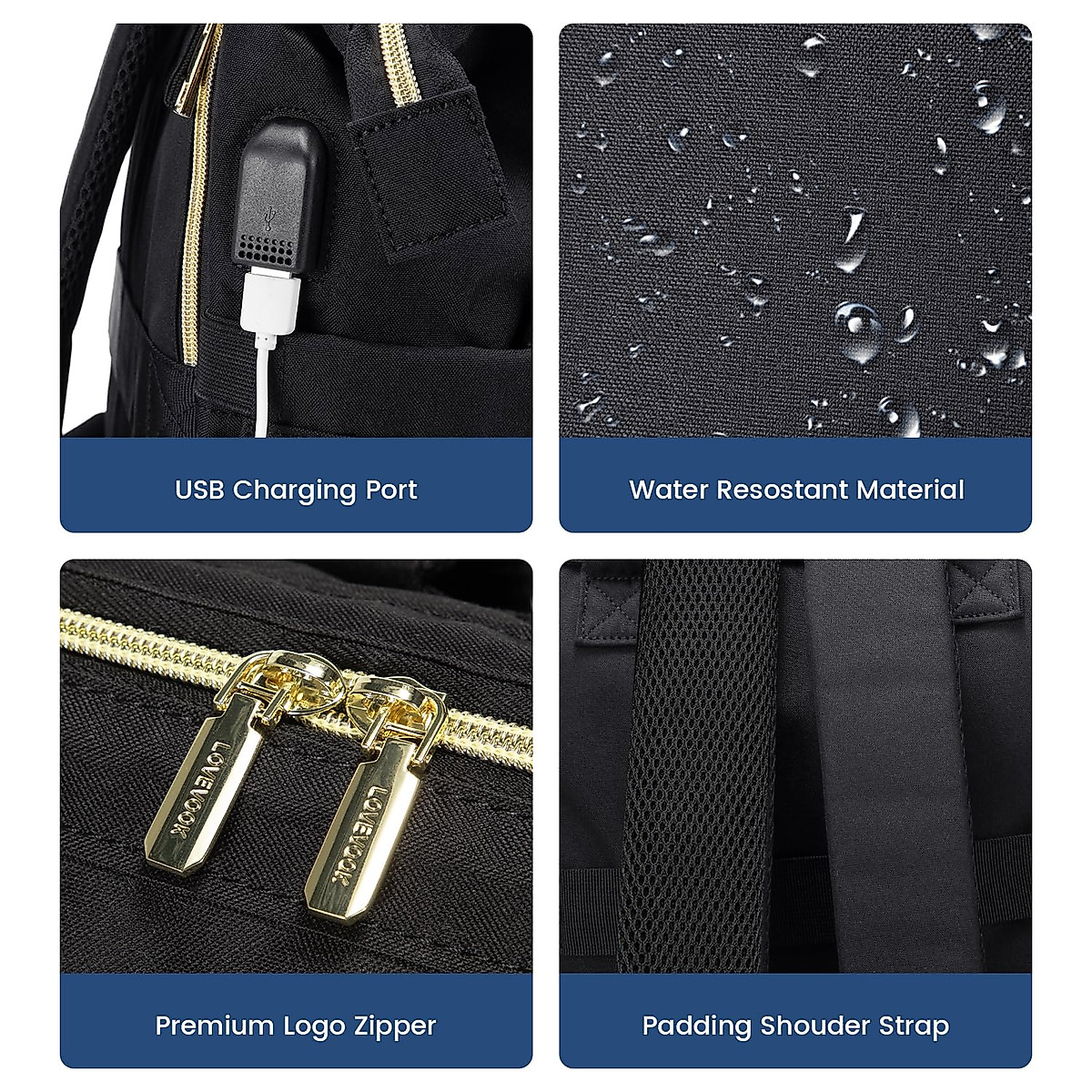 LOVEVOOK Laptop Backpack Women Teacher Backpack Nurse Bags, 15.6 Inch Womens Work Backpack Purse Waterproof Anti-theft Travel Back Pack with USB Charging Port (Black)