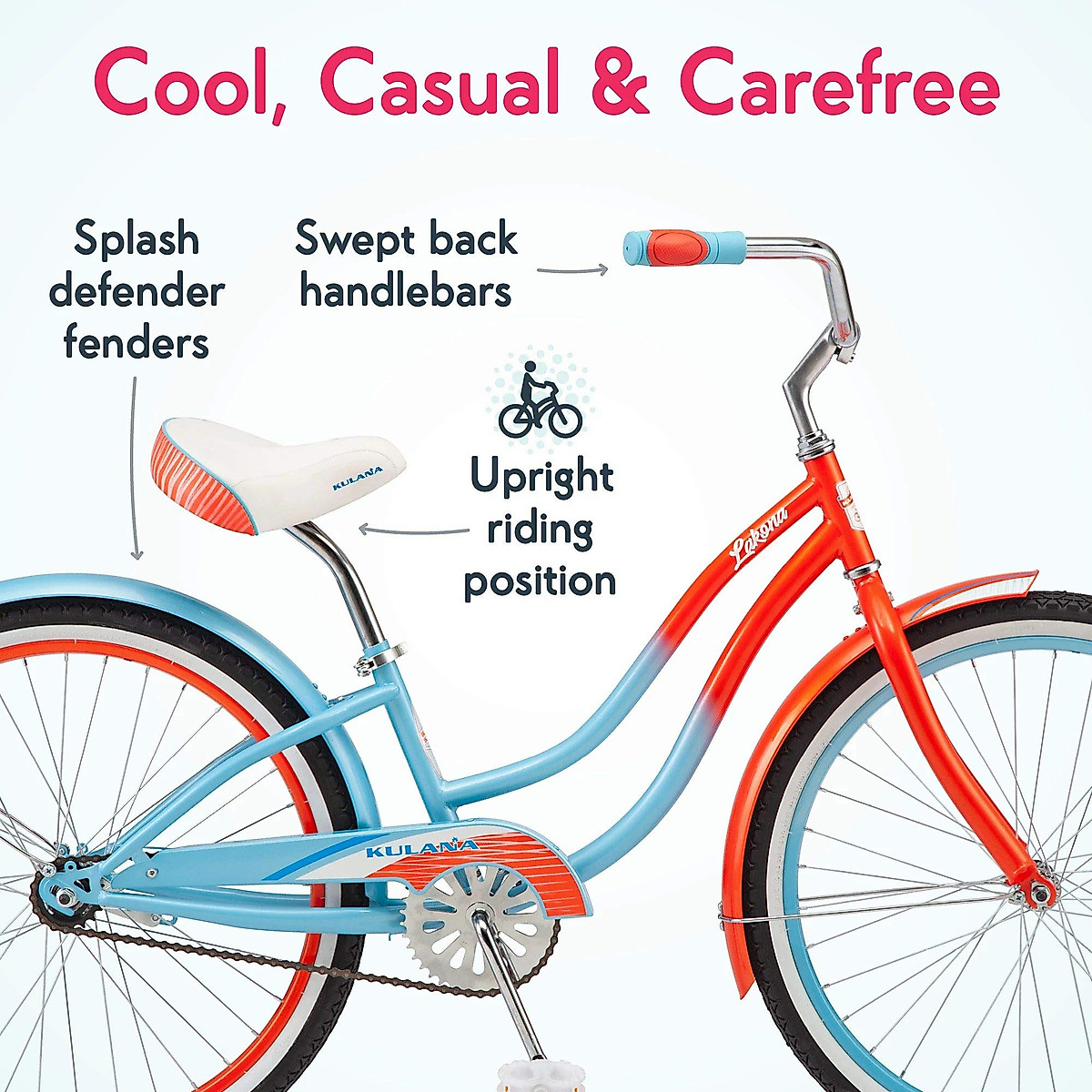 Kulana Lakona Shore Beach Cruiser Bike, 24-Inch Wheels, Single Speed, Blue/Coral (R1751AZ)