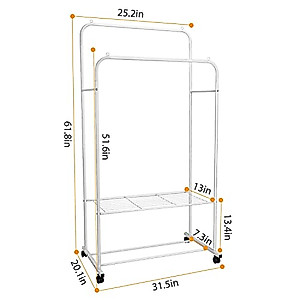 Moclever Rolling Clothes Racks For Hanging Clothes, Garment Rolling Rack With Wheels Double Rails Clothes Rack Rolling Rack For Indoor Bedroom Clothes Rack