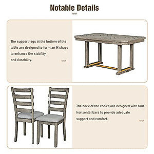 Merax 6-Piece Rubber Wood Dining Table Set with 4 Cushioned Chairs and Bench, Beautiful Grain Pattern Tabletop, Light Gray-6pcs