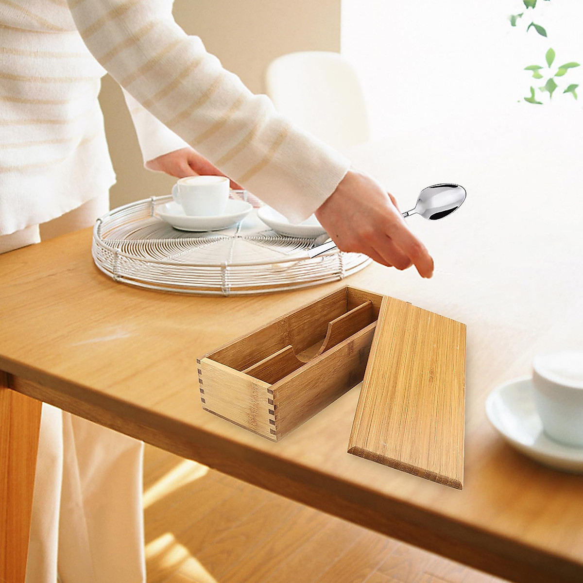 Tomotato Bamboo Silverware Storage Box, Utensil Drawer Organizer Japanese Chopsticks Box with Lid Utensil Holder Organizer Container for Home Kitchen