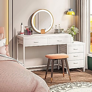 Tribesigns Computer Desk with 5 Drawers, Home Office Desks with Reversible Drawer Cabinet Printer Stand, Industrial PC Desk with Storage, White Study Writing Table Workstation for Small Spaces