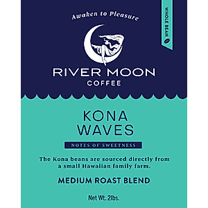 River Moon Coffee, Kona Coffee Whole Bean, Medium Roast, 2 lbs., Kona Waves Hawaiian Coffee Blend, Sustainably Farmed, 32 Ounces, 100% Arabica