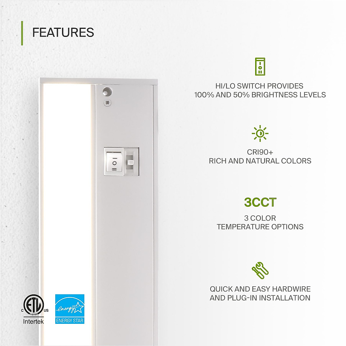 ASD LED Under Cabinet Lighting 24 Inch, Dimmable, Hardwired or Plug-in Installation, 3 Color Levels- 2700K/3000K/4000K, Linkable Kitchen Under Counter Lighting, ETL & Energy Star, White Finish