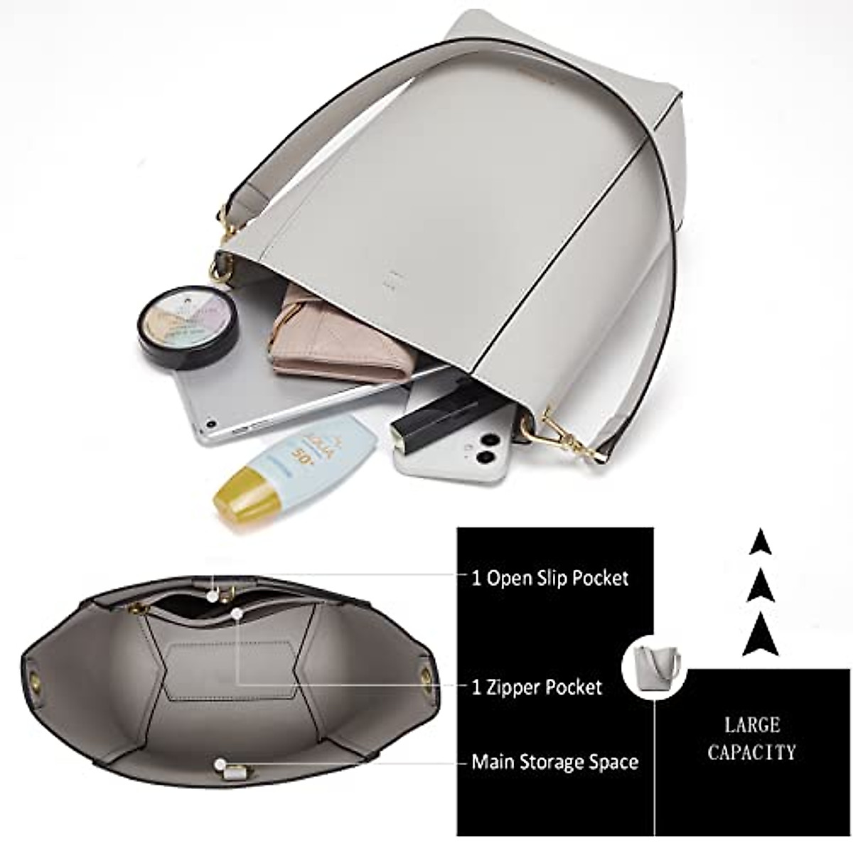 BOSTANTEN Leather Purses and Handbags for Women Designer Hobo Bucket Bag Fashion Small Crossbody Purses Grey Small size