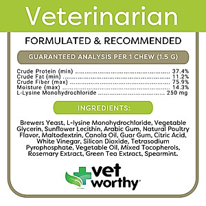 Vet Worthy L-Lysine Soft Chews for Cats - Cat Supplement to Support the Immune System and Overall Health - Cat Vitamins with 250 mg L-Lysine per soft chew - Chicken Liver Flavor Soft Chews, 3.17oz