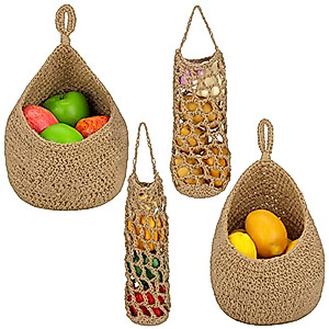 4 Pcs Jute Hanging Fruit Baskets for Kitchen Boho Hanging Wall Basket Handwoven Potato Garlic Onion Pantry Storage Baskets for Kitchen Wall Home Restaurant Vegetable Holder (Khaki, Classic Style)