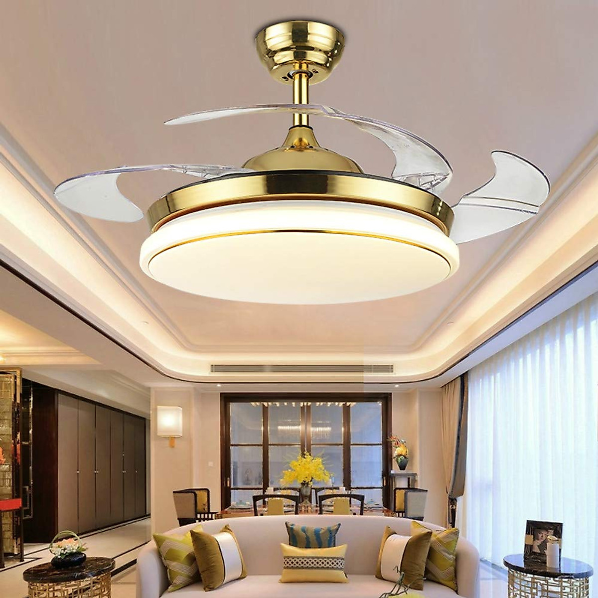 Lighting Groups 42" Invisible Ceiling Fan Chandelier with Remote Control 3 Changed Light and 6 Fan Speed Retractable Ceiling Fan for Indoor Living Room Bedroom Reversible Cool Ceiling Fan (Rose Gold)