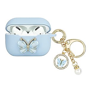 Wonhibo Cute Butterfly Airpods Pro Case for Women Girls, Blue Designer Cover for Apple Airpod Pro 2019 with Keychain