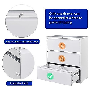 LVSTEEL Lateral File Cabinet with Lock,3 Drawer Stainless Metal Lateral Filing Cabinets, Home Office Storage Cabinets for Organization, Hanging Letter/Legal/A4,Anti-tilt Structure, White