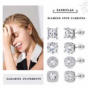 Zankulas Cubic Zirconia Stud Earrings for Women Mens Earrings Hypoallergenic Sterling Silver Post Square CZ Studs Set Silver