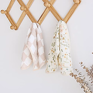 LifeTree Muslin Baby Burp Cloths, Soft Bamboo Cotton, Large Baby Washcloths, Face Towel, Burping Rags, Bibs for Newborn Boys Girls, Set of 2 (Floral & Dusty Pink Checkerboard)