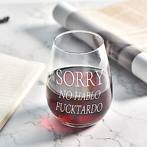 Sorry No Hablo Fuxktardo Wine Glass 15Oz, Funny Stemless Wine Glass Gifts for Women Men, Novelty Birthday Christmas Graduation Gag Gift for Friends BFF Sister Coworkers