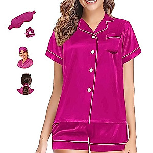 WJing Yi Jia Womens Pajama Sets Silk Satin Pajamas Set Short 2Pcs Pj Sets Button Down Pjs Set Sleepwear Loungewear